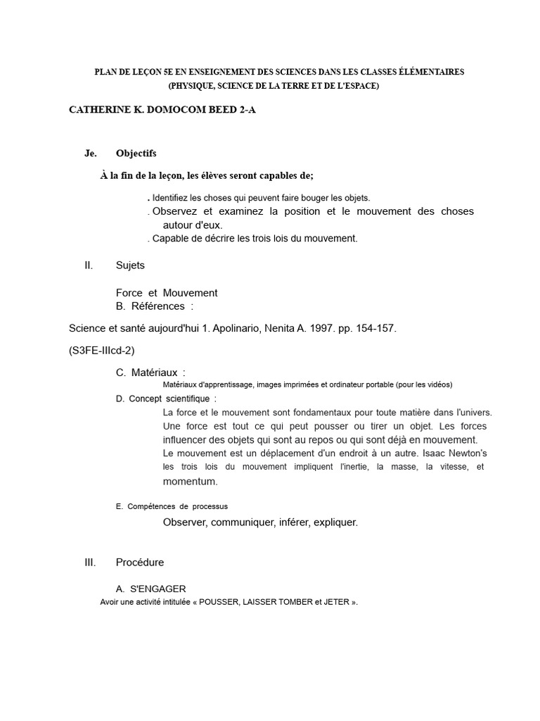 Le Plan de Leçon 5E en Sciences | PDF | Science | Lois du mouvement de ...