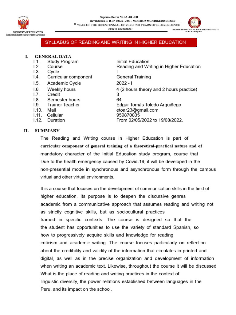 Syllabus for Reading and Writing Course | PDF | Knowledge | Learning