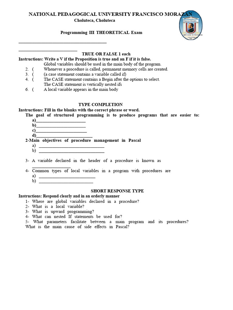Programming Exam 2 Theoretical UPNFM Pascal Chapters 10, 11, 12 Type ...
