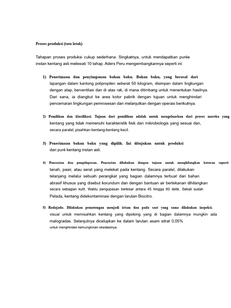 Proses Produksi Purée Kentang Instan | PDF