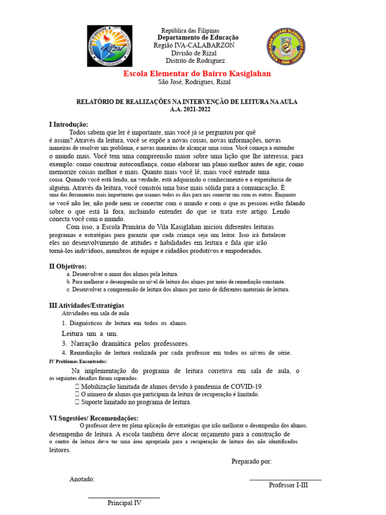 Intervenção de Leitura na Escola Kasiglahan | PDF