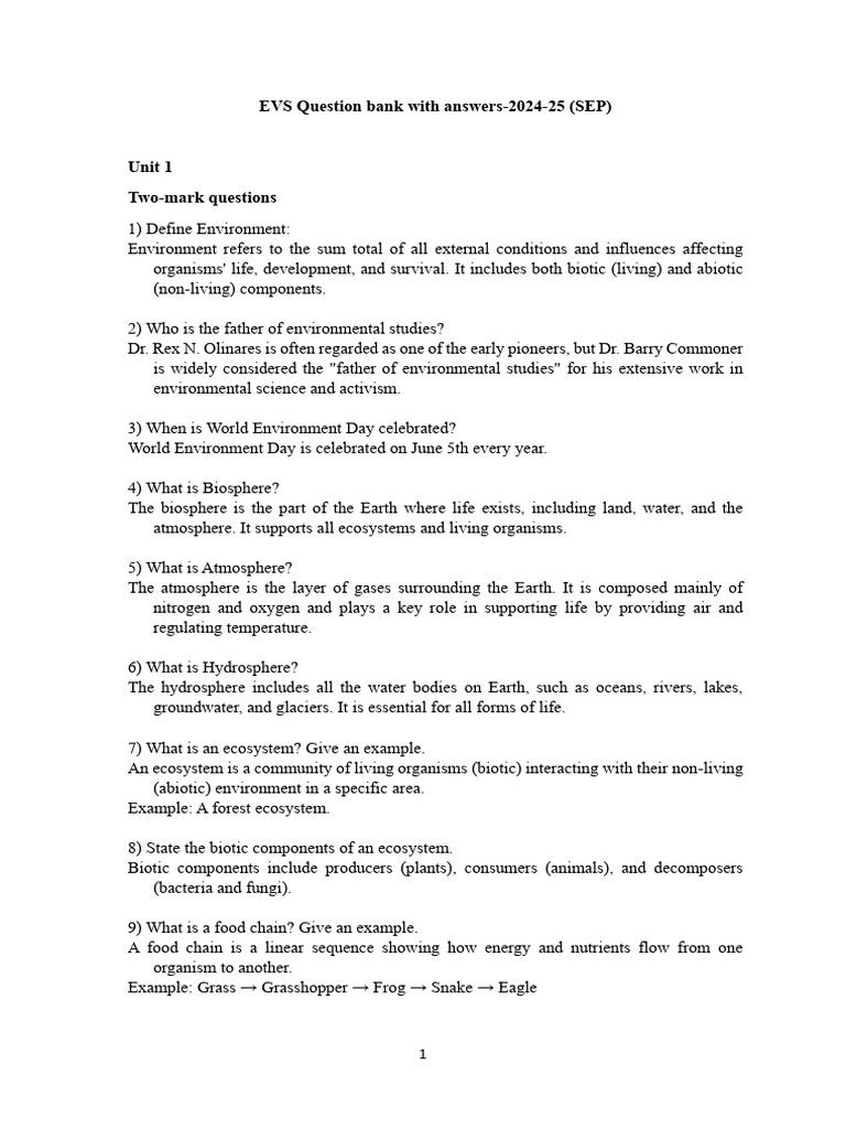 EVS QP Bank With Answers | PDF | Water Pollution | Ecosystem