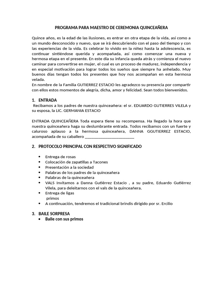 Programa para Maestro de Ceremonia Quinceañera | PDF