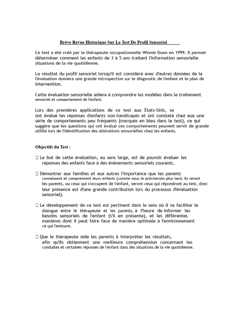 Test de Profil Sensoriel Chez Les Enfants | PDF | Sens (physiologie ...