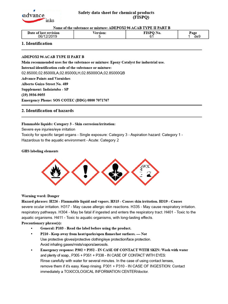 Adepoxi 96 Acab Type Ii MSDS | PDF | Toxicity | Personal Protective Equipment