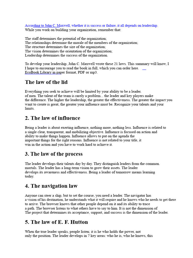 21 Laws of Leadership by John Maxwell | PDF | Leadership | Intuition