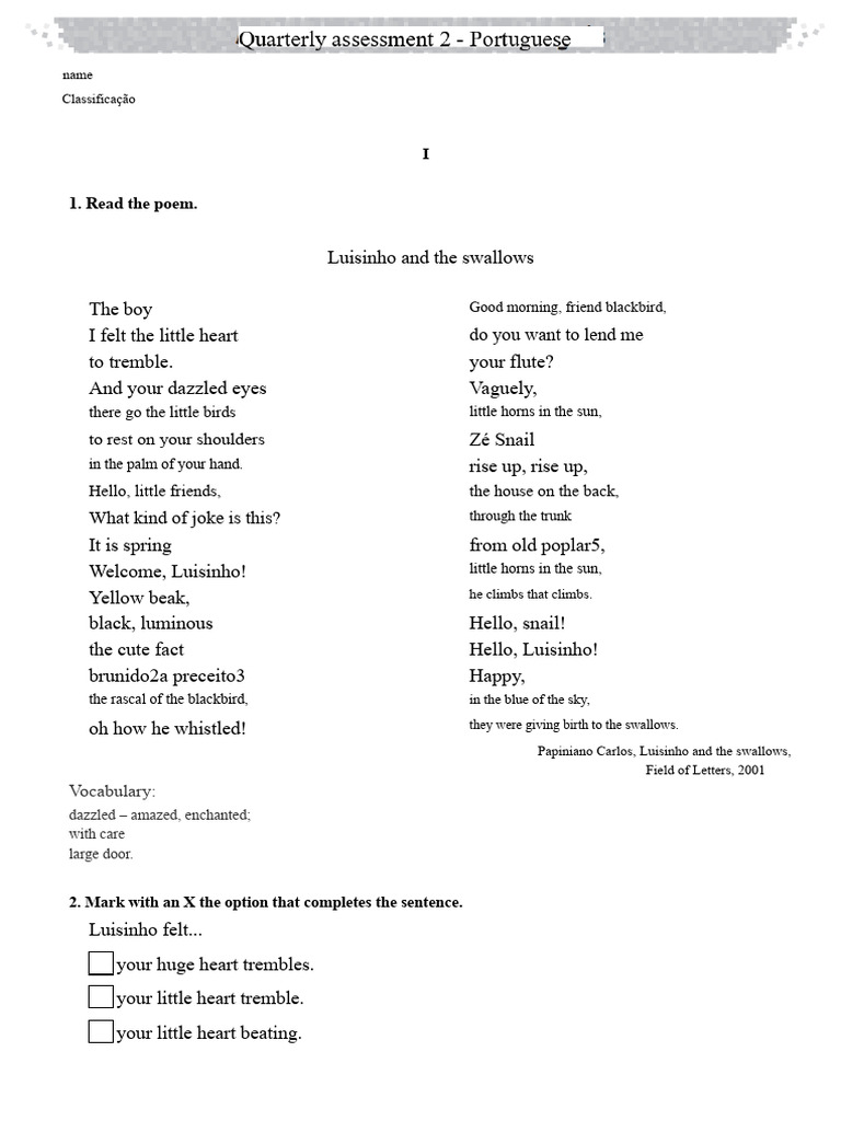 Luisinho and the Swallows Poem Analysis | PDF | Linguistics