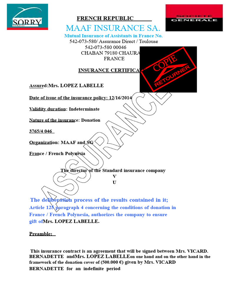 Bank Insurance Certificate | PDF