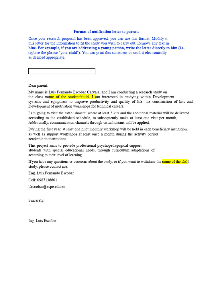 Annex 6 - Format For Notification Letter To Parents or Guardians and ...