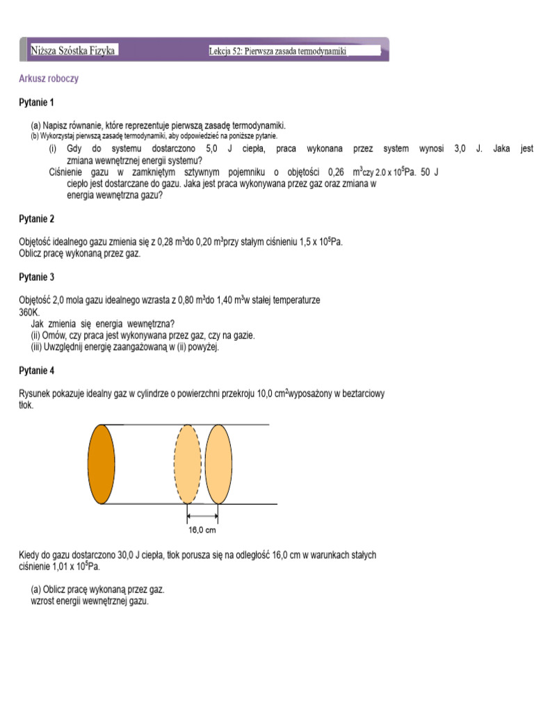 Arkusz Roboczy 52 Pierwsza Zasada Termodynamiki | PDF