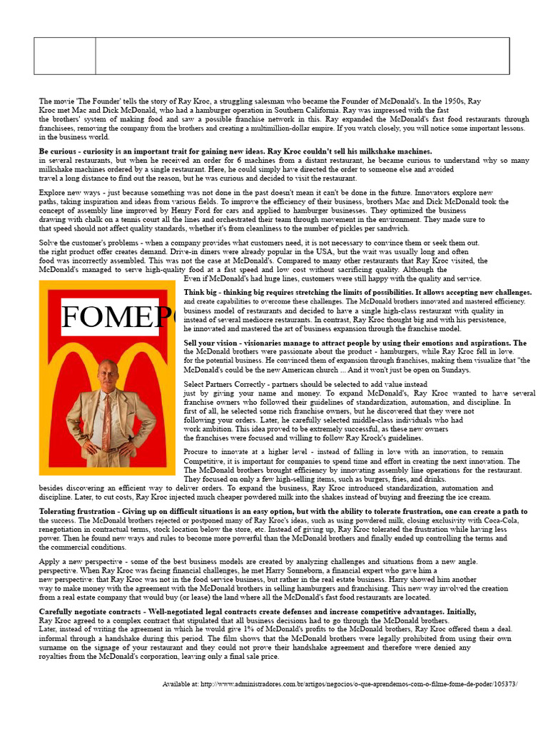 Summary of The Movie "The Founder". | PDF | Mc Donald's
