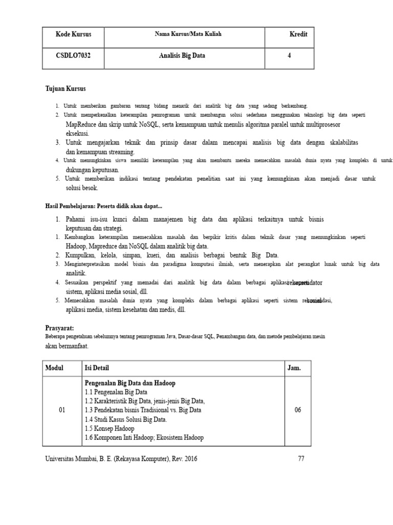 Silabus Analisis Big Data Komputer Semester 7 | PDF