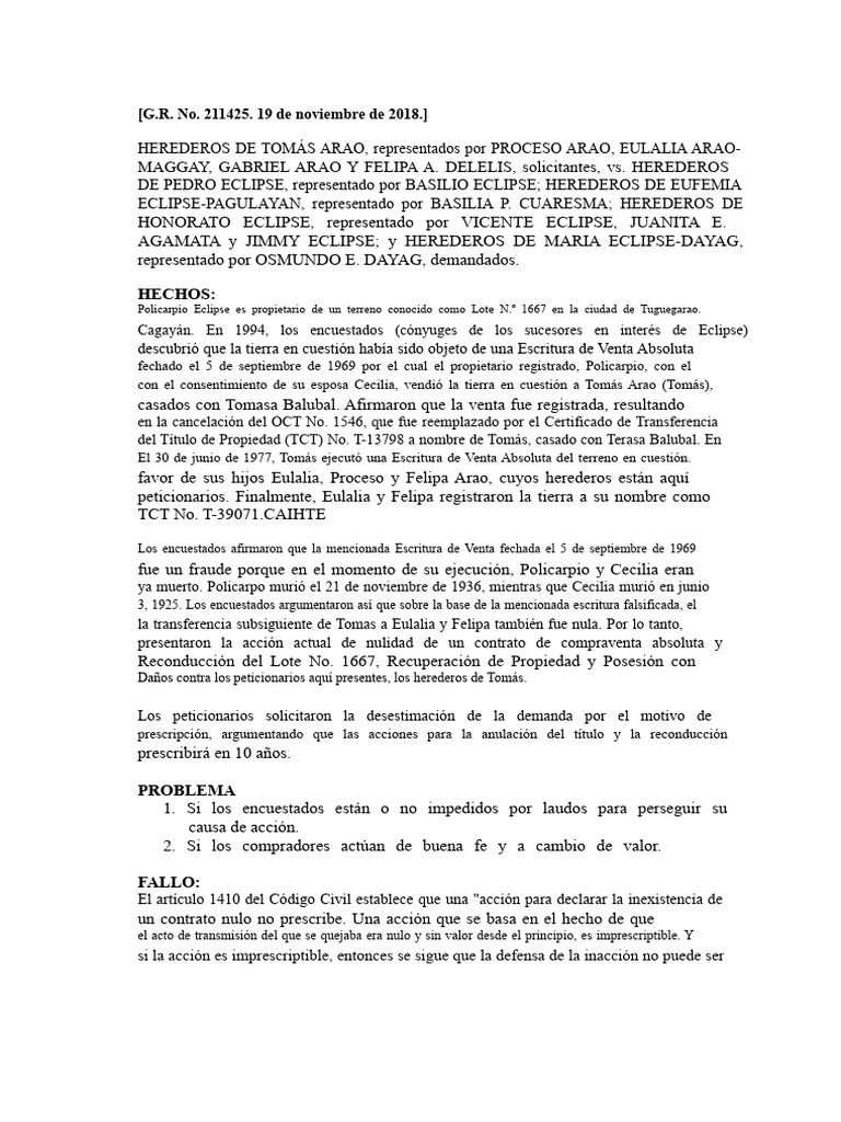 Herederos de Tomas Arao Contra Herederos de Pedro Eclipse | PDF | Ley ...