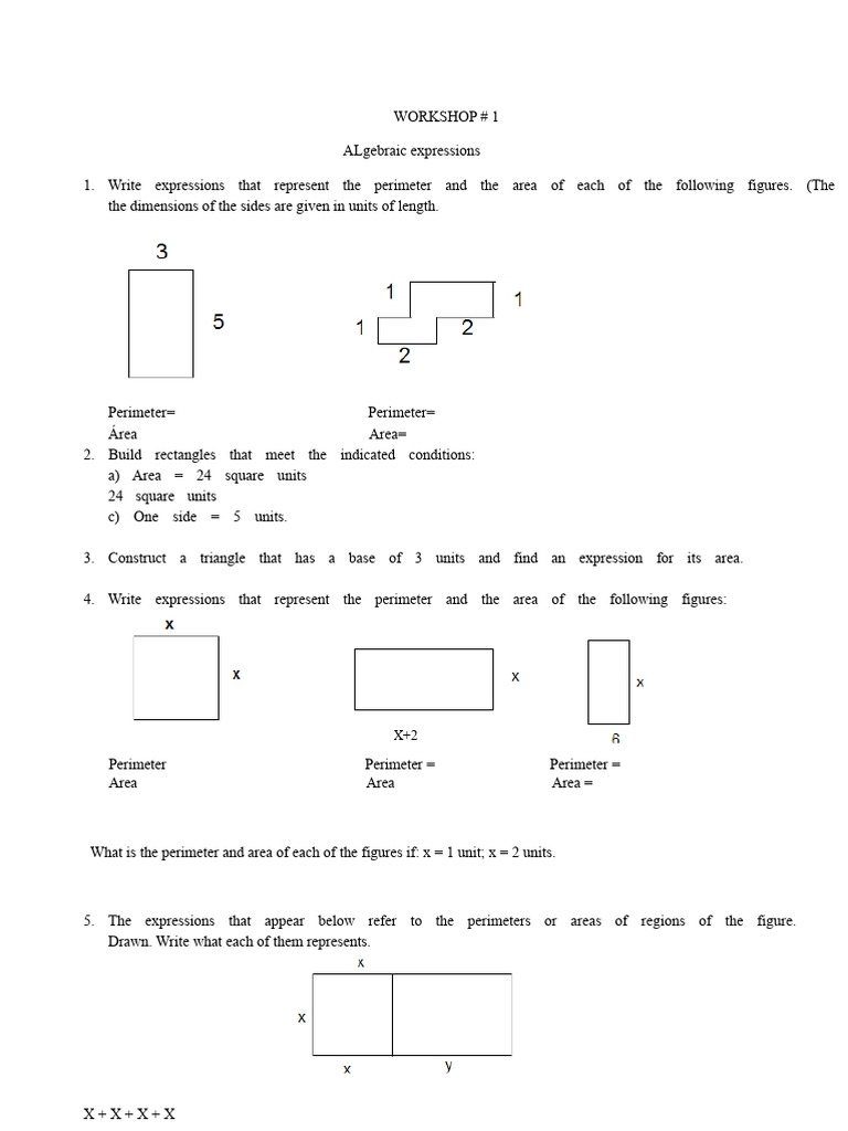 Workshop #1 Algebraic Expressions | PDF | Area | Numbers