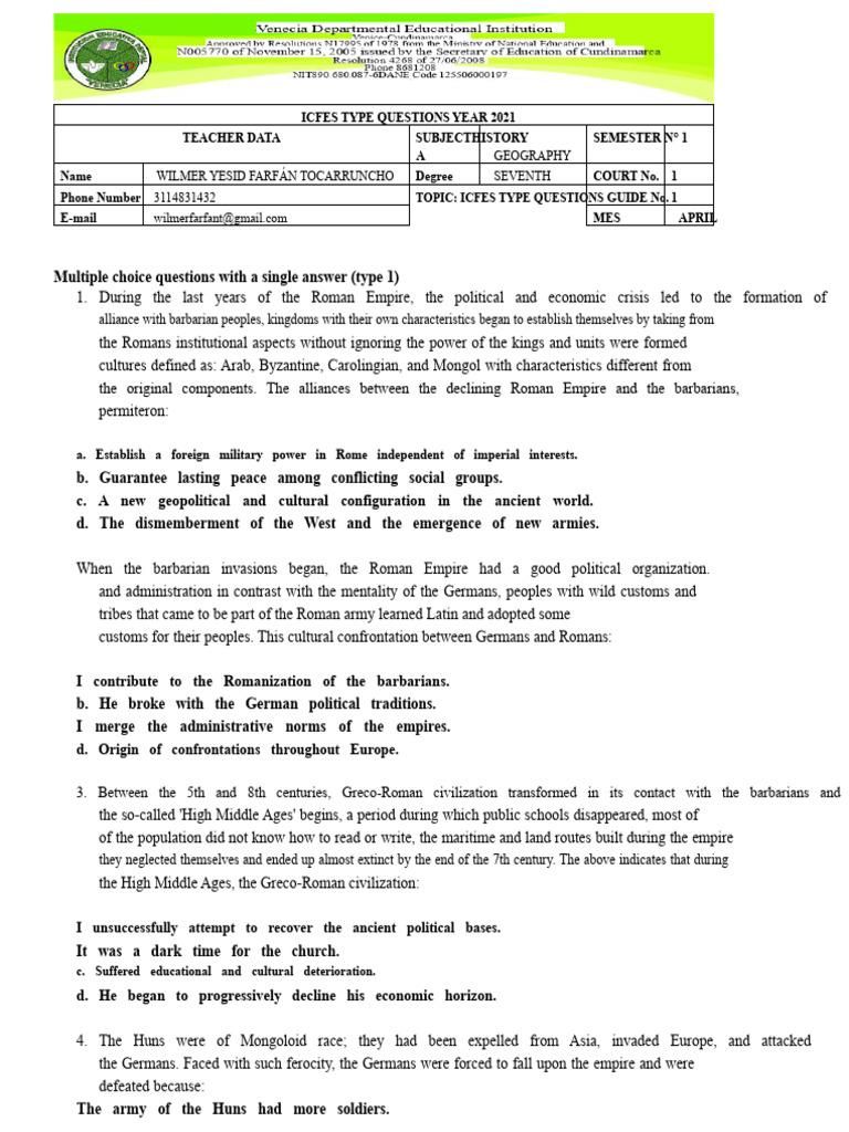 SOCIAL SCIENCE QUESTIONS 7th GRADE | PDF | Roman Empire | Middle Ages