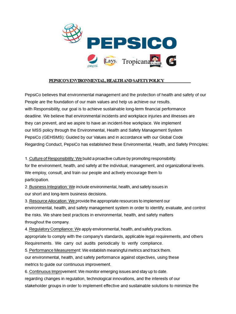 Health and Safety of Pepsico | PDF | Occupational Safety And Health ...