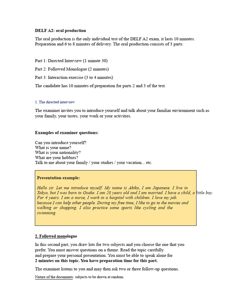 Oral Production DELF A2 | PDF