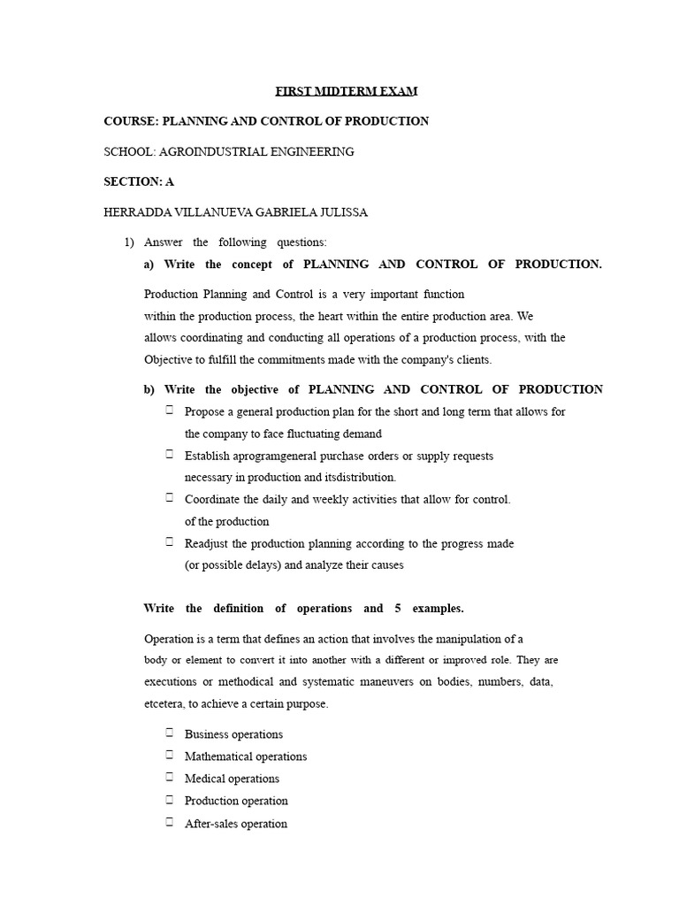 First Midterm Examination On Planning and Production Control | PDF ...