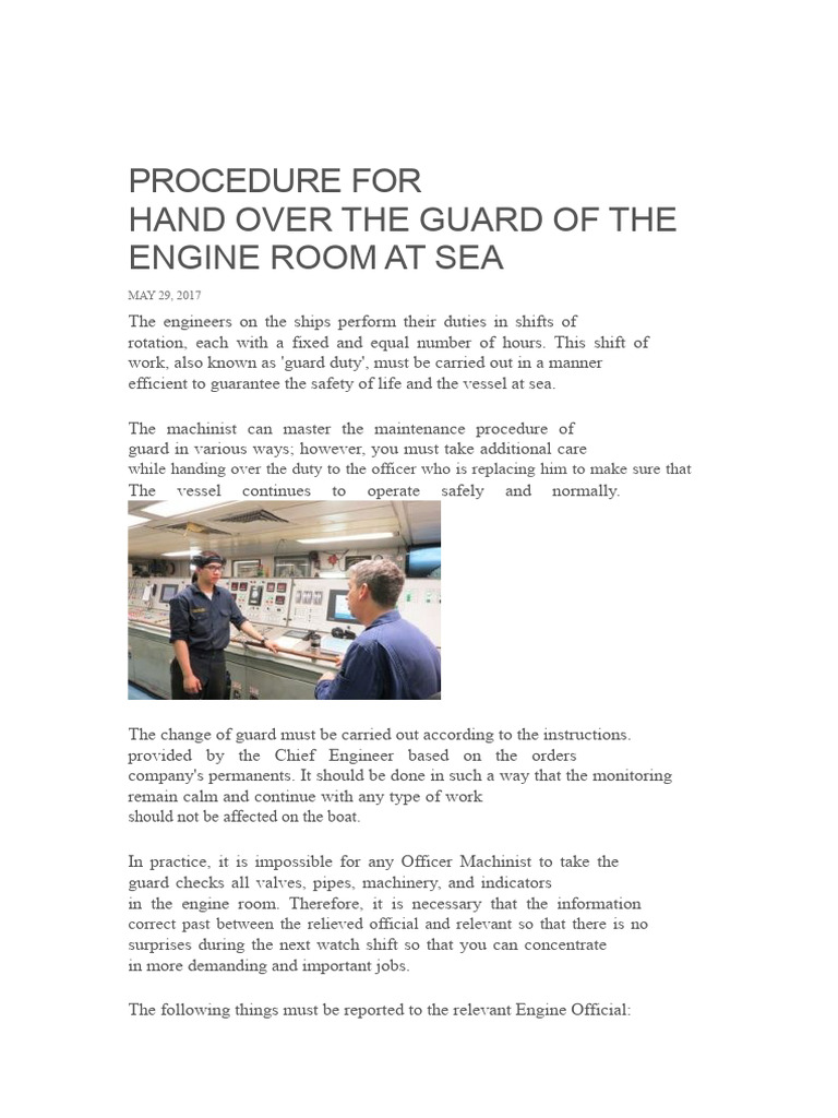 Engine Room Watch Handover Procedure | PDF | Ships