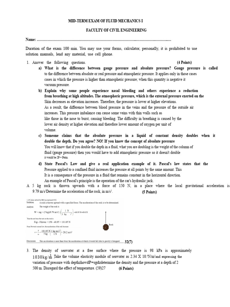 Midterm Exam of Fluid Mechanics I-Civil - Solutions | PDF | Pressure | Pressure Measurement