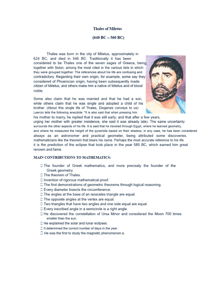 Thales of Miletus: Greek Mathematics Pioneer | PDF | Euclid | Geometry