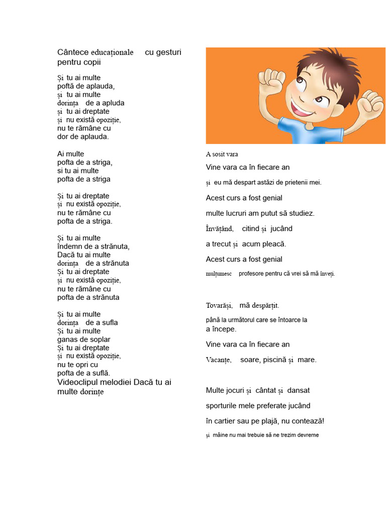 Cântece Educaționale Cu Gesturi Pentru Copii | PDF