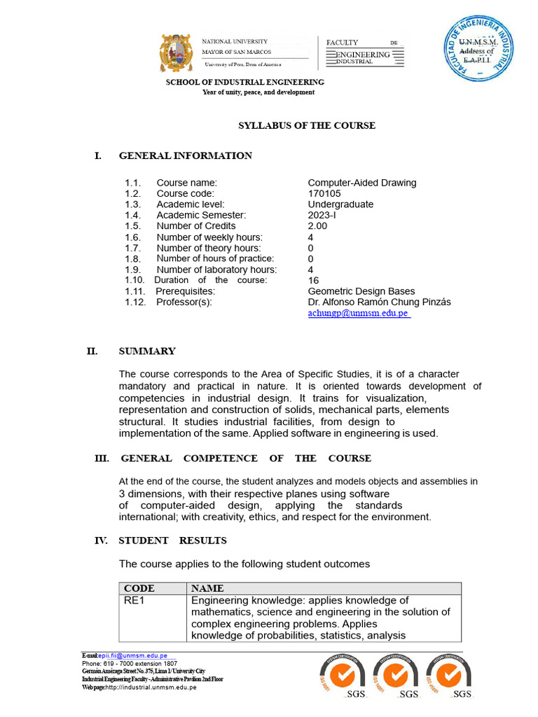 Syllabus Computer-Aided Design Plan 2013 (2023-I) | PDF | Engineering | Industrial Engineering