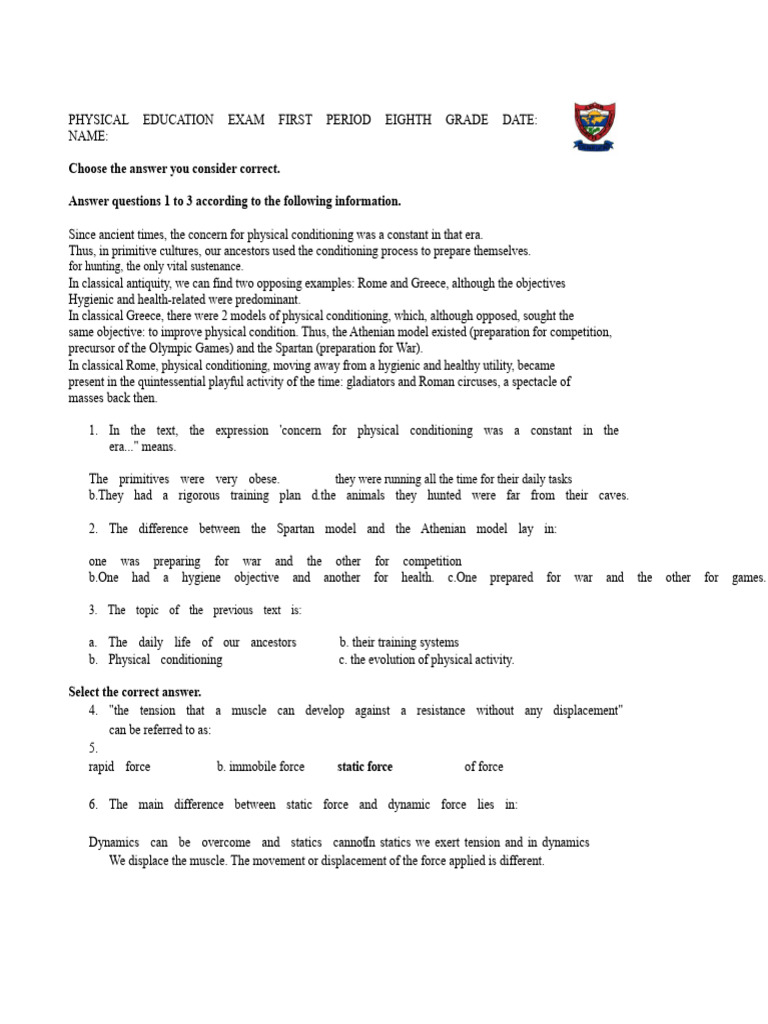 Physical Education Exam First Period Eighth Grade Date | PDF | Force ...