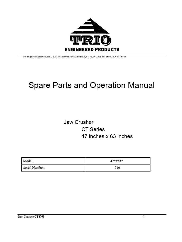CT4763 Jaw Crusher Operation Manual | PDF | Bearing (Mechanical) | Belt ...