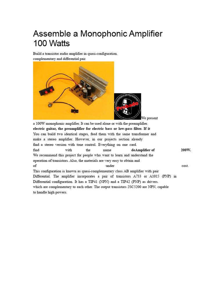 Assemble A 100 Watt Monophonic Amplifier | PDF | Amplifier | Rectifier