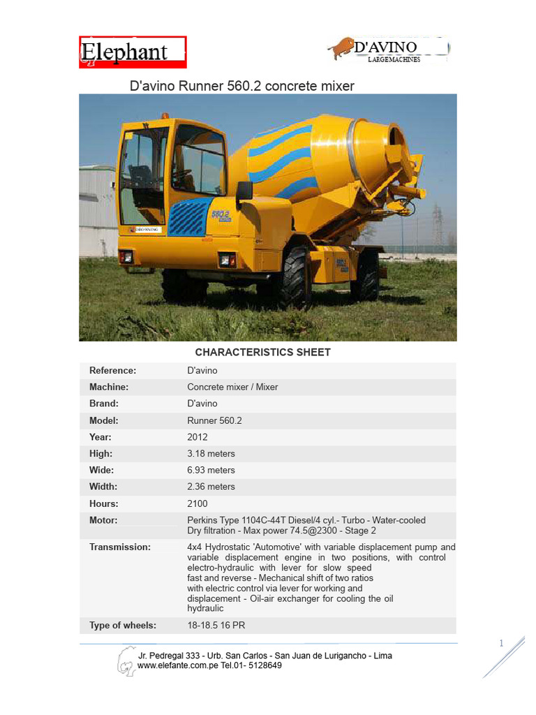 Davino Runner 560.2 Self-Loading Concrete Mixer | PDF | Brake | Pump