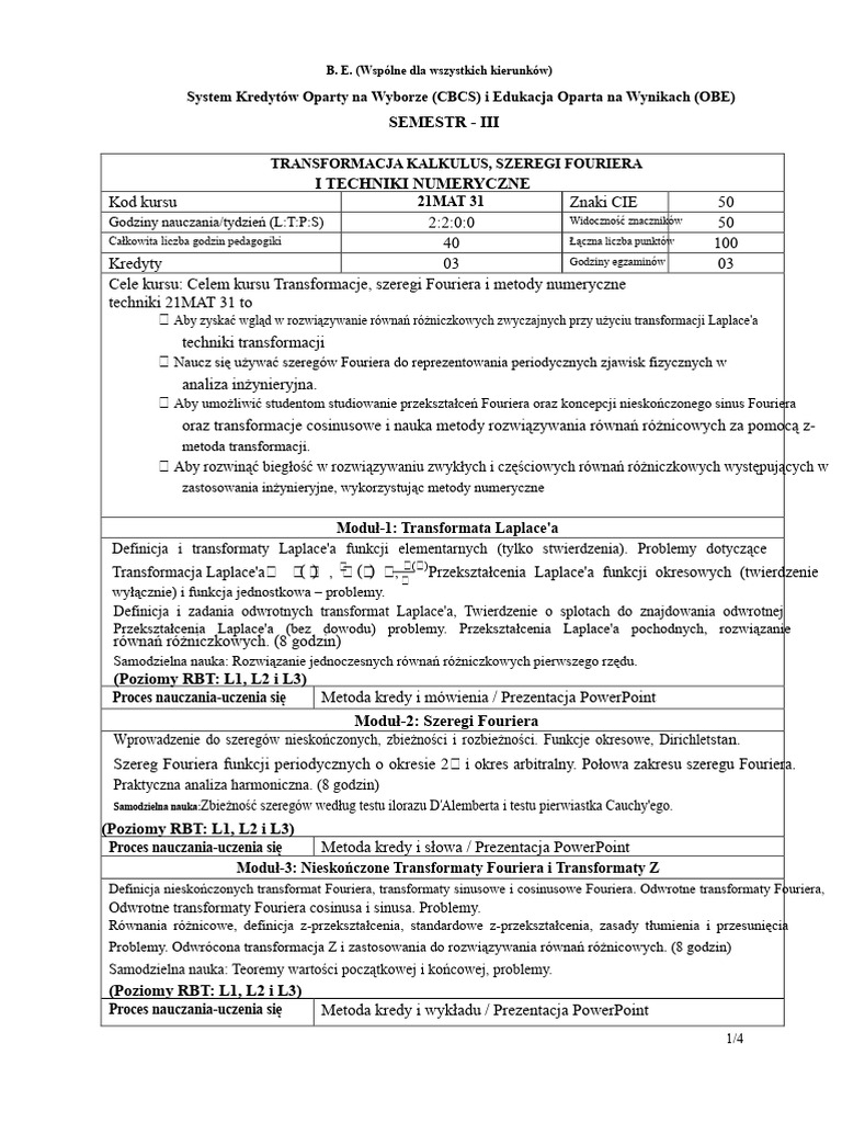 21mat31 Modelowy Arkusz Pytań VTU 3 Semestr 21 Schemat | PDF