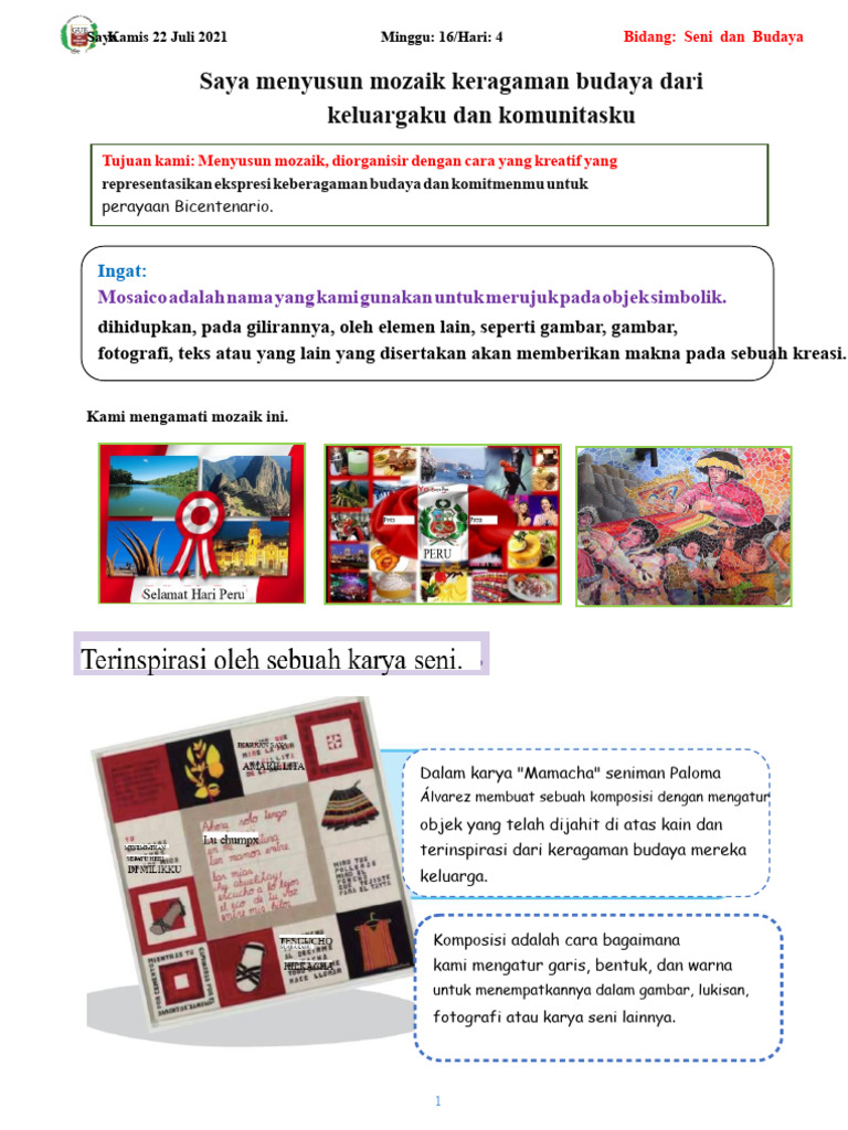 SENI - KAMIS 22 JULI - SAYA MEMBUAT MOZAIC DARI DIVERSITAS BUDAYA | PDF