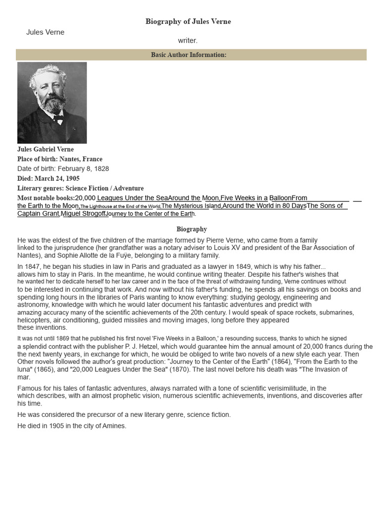Biography of Jules Verne | PDF | Jules Verne