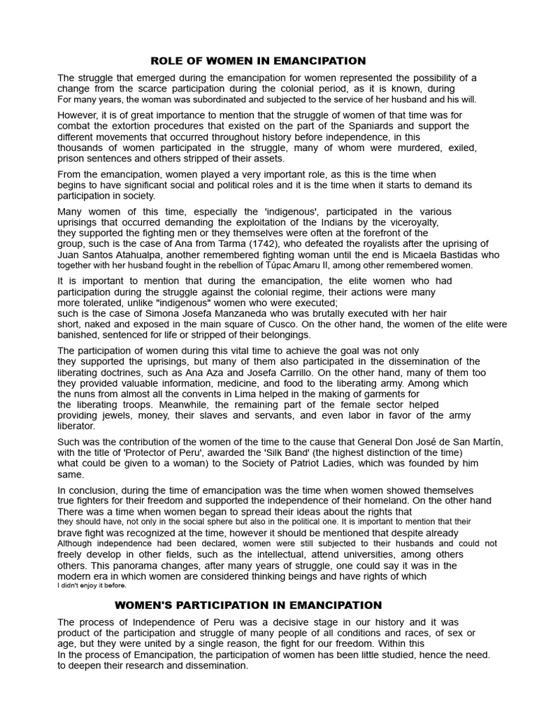 Role of Women in Emancipation | PDF