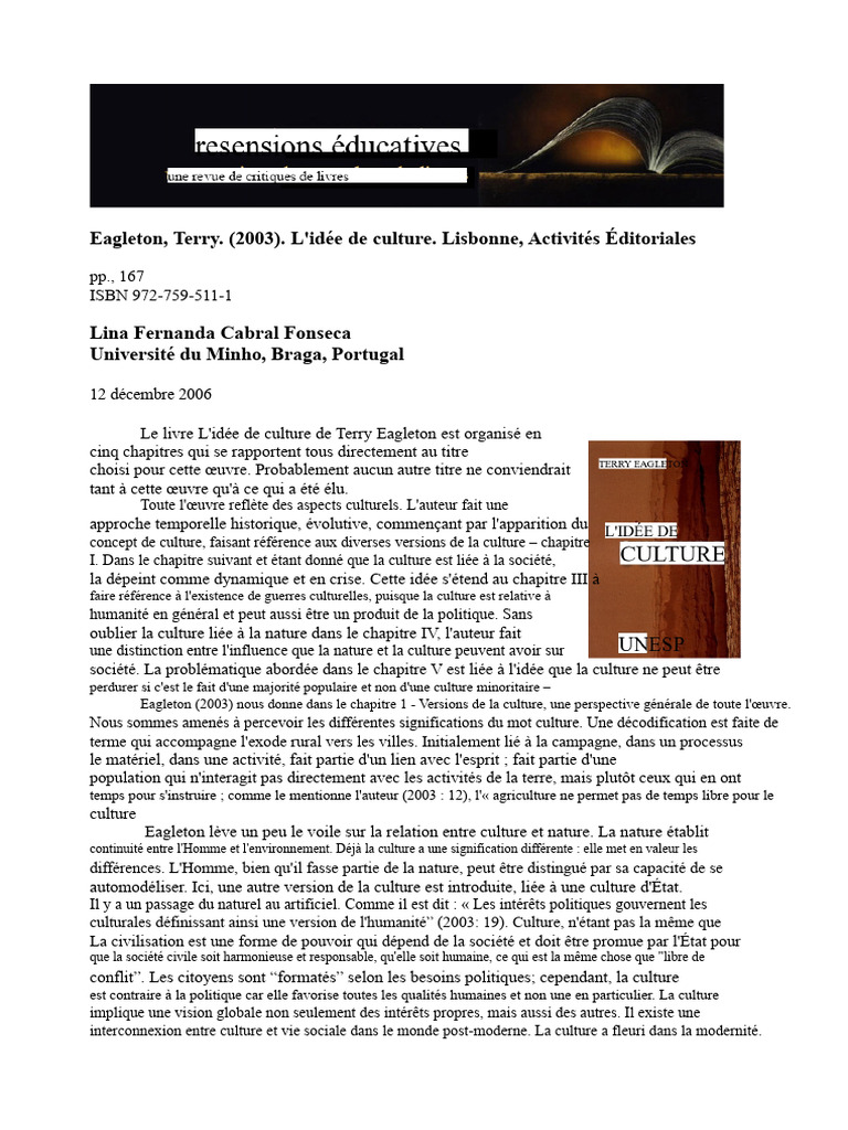 Analyse de "L'idée de culture" d'Eagleton | PDF | La nature | Monde ...