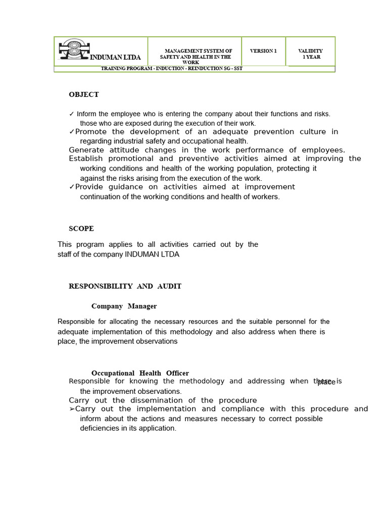 Induction and Re-Induction Program in Occupational Health and Safety ...