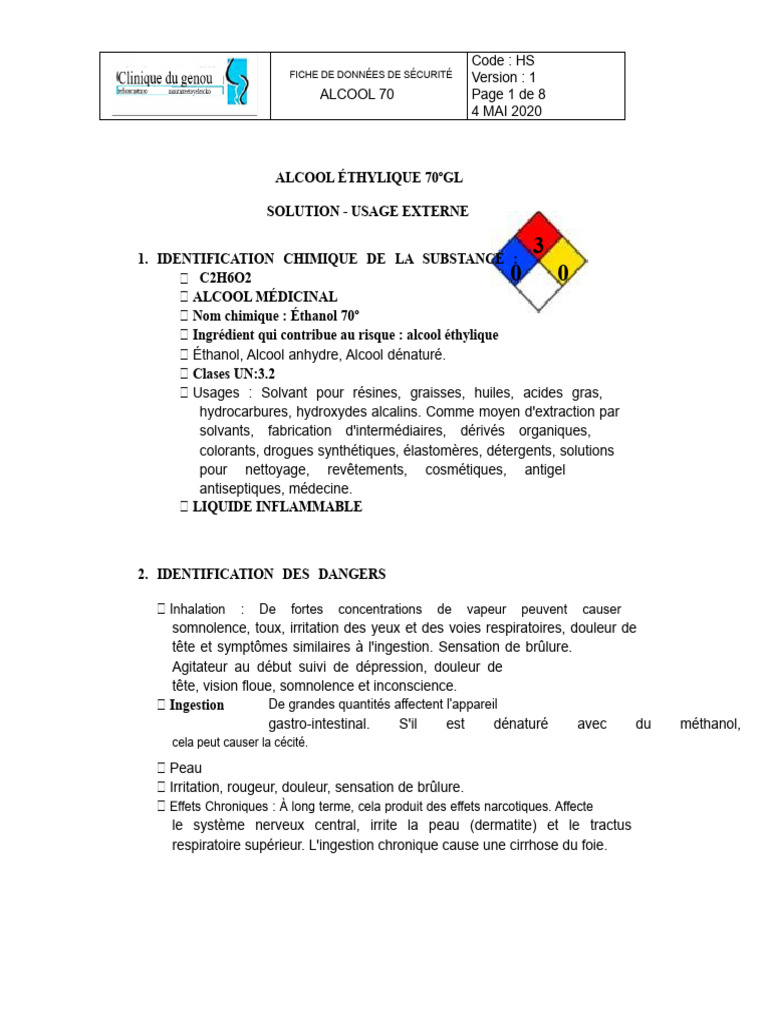 Fiche de sécurité : Alcool éthylique 70% | PDF | Éthanol | Méthanol