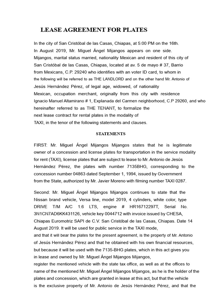 Lease Agreement For Plates | PDF | Lease | Private Law