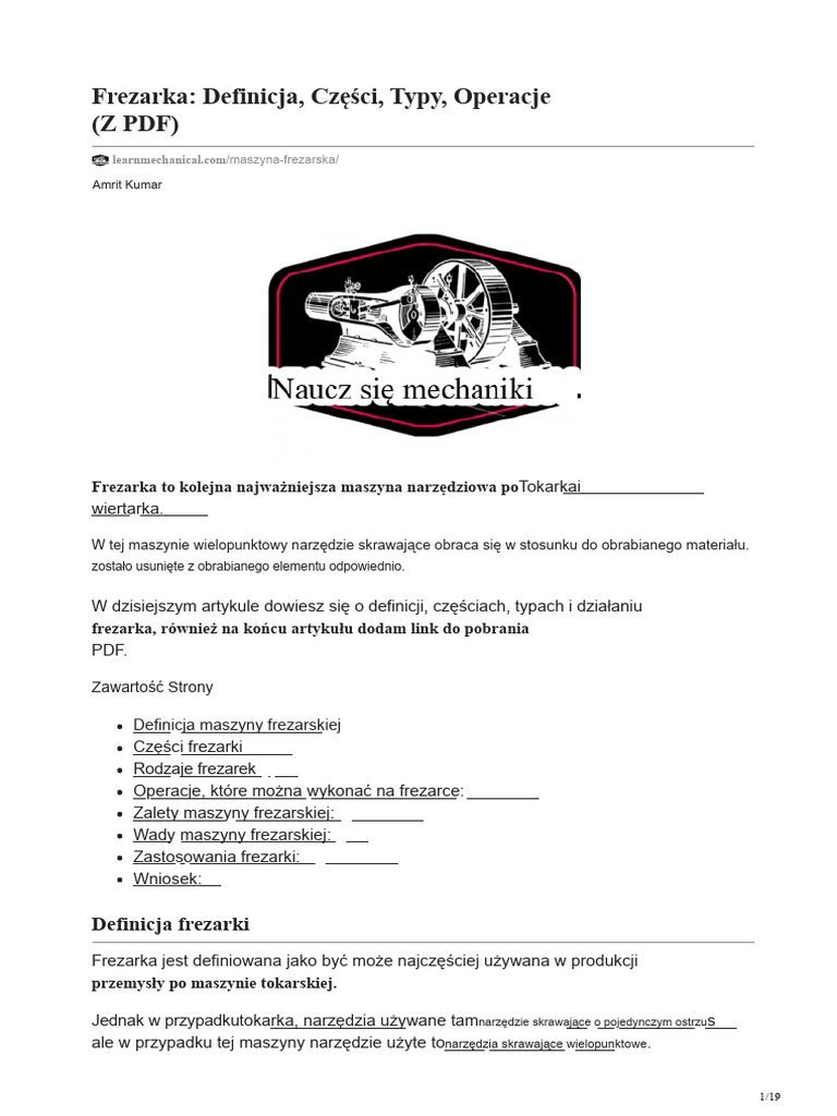 Definicja Frezarki, Części, Typy, Operacje | PDF