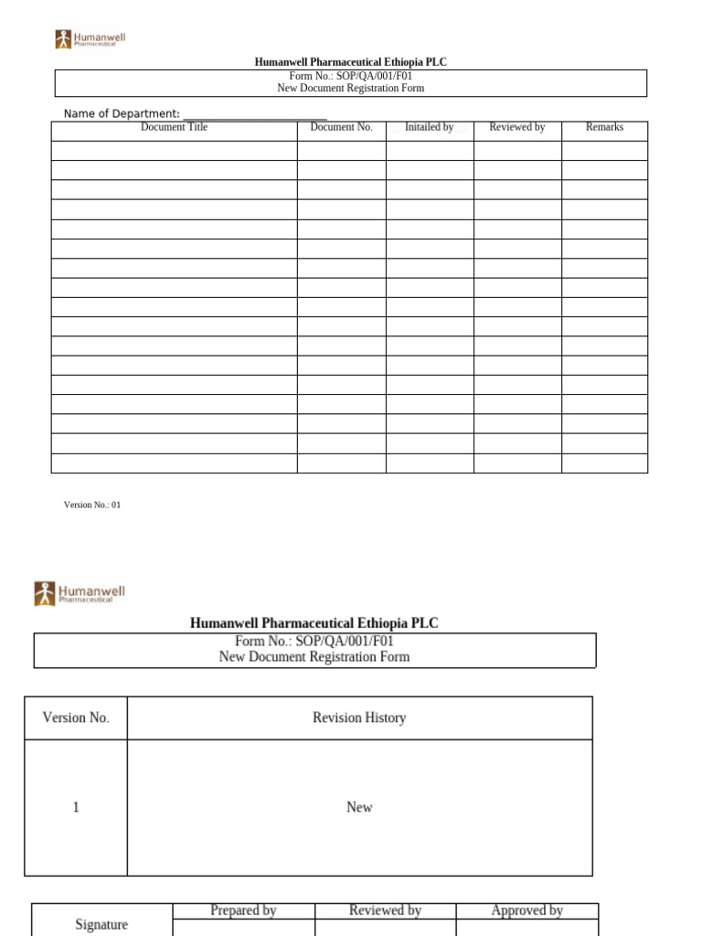 SOP-QA-001-F01 New Document Registration Form | PDF
