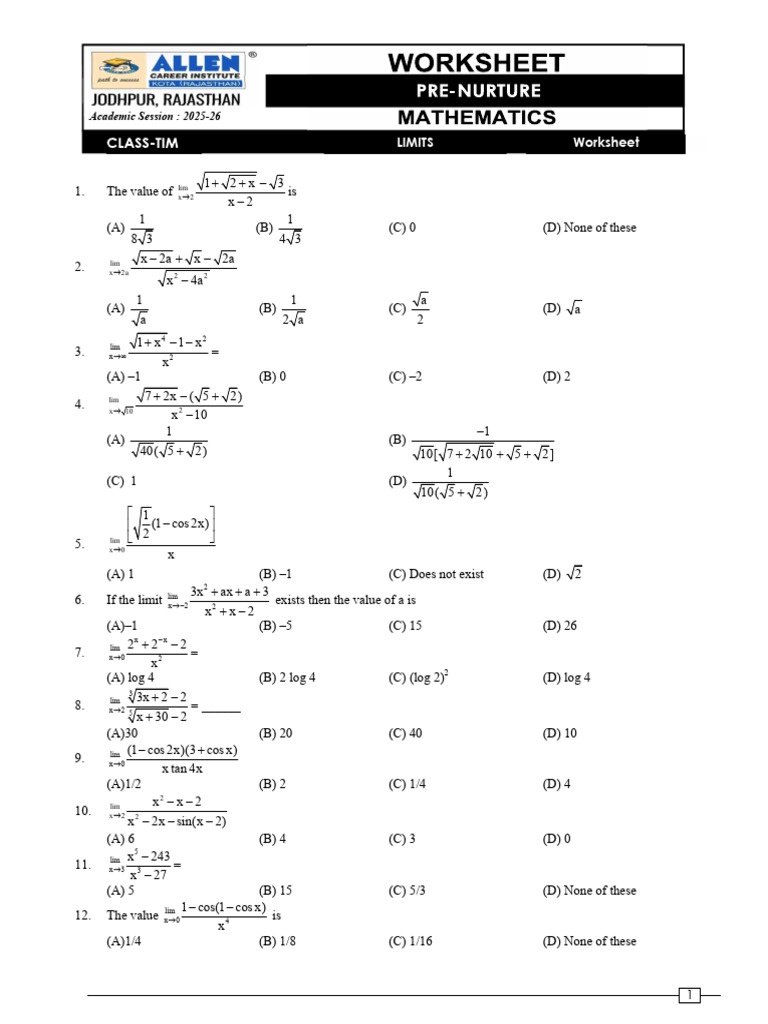 1. Revision Worksheet -Tim -(Maths) (30!09!2024) (Limits) Aashish Sr (1 ...