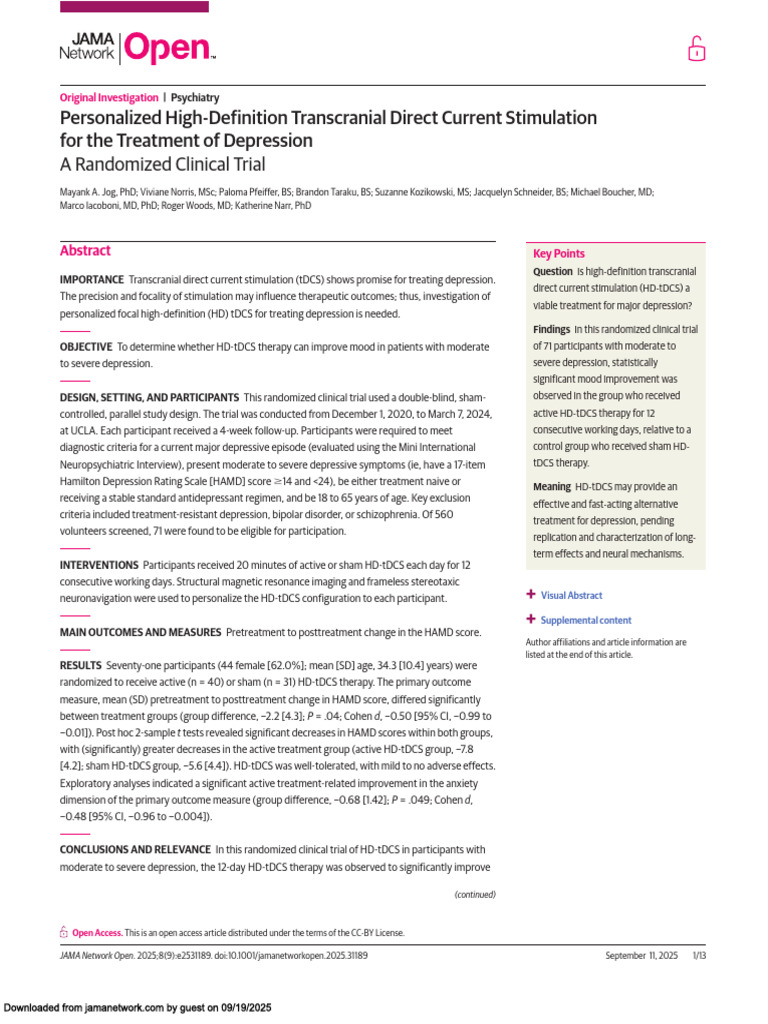HD-tDCS for Treating Depression: Trial Results | PDF | Major Depressive ...