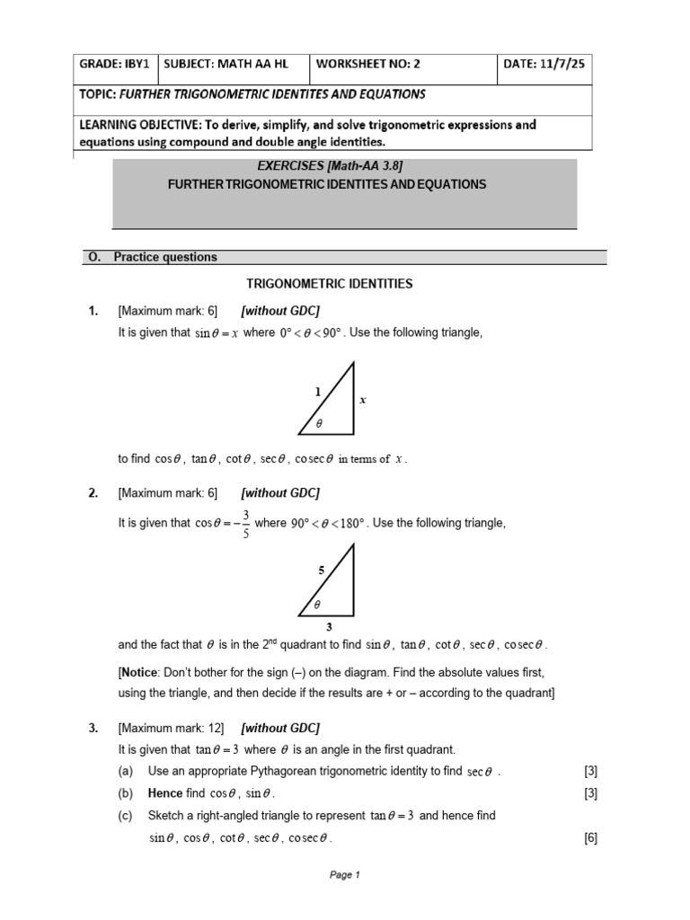 Trigonometric Identities Practice Exercises | PDF | Trigonometric ...
