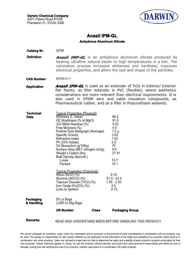 Anasil IPM-GL: Anhydrous Aluminum Silicate | PDF | Titanium Dioxide ...