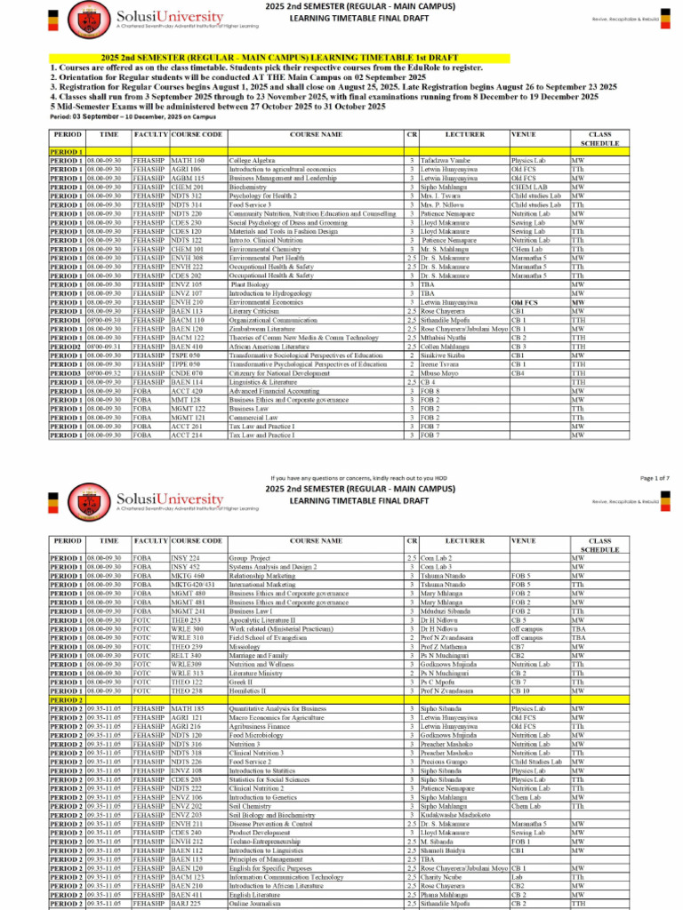 2025 2nd Semester (Regular - Main Campus) Learning Timetable Final Draft | PDF