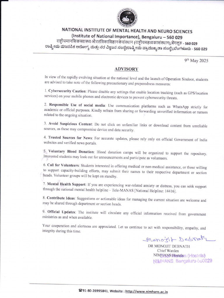 Advisory For The Students and Residents, 9th May 2025 | PDF