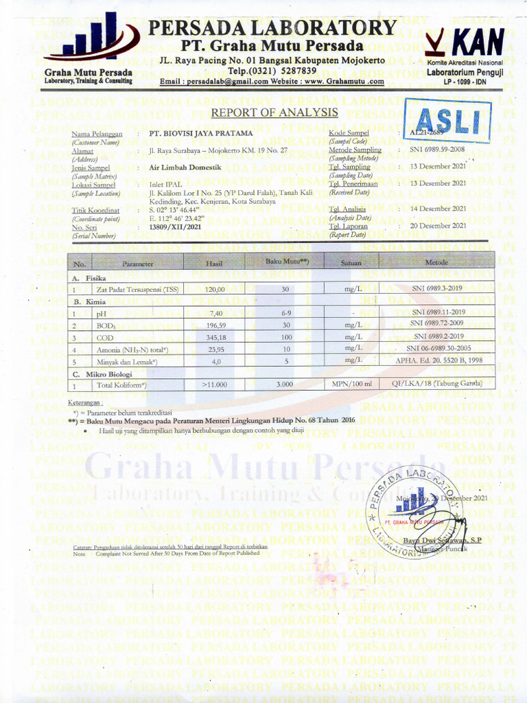 Hasil Lab Biovisi (Inlet) YP Darul Falah | PDF