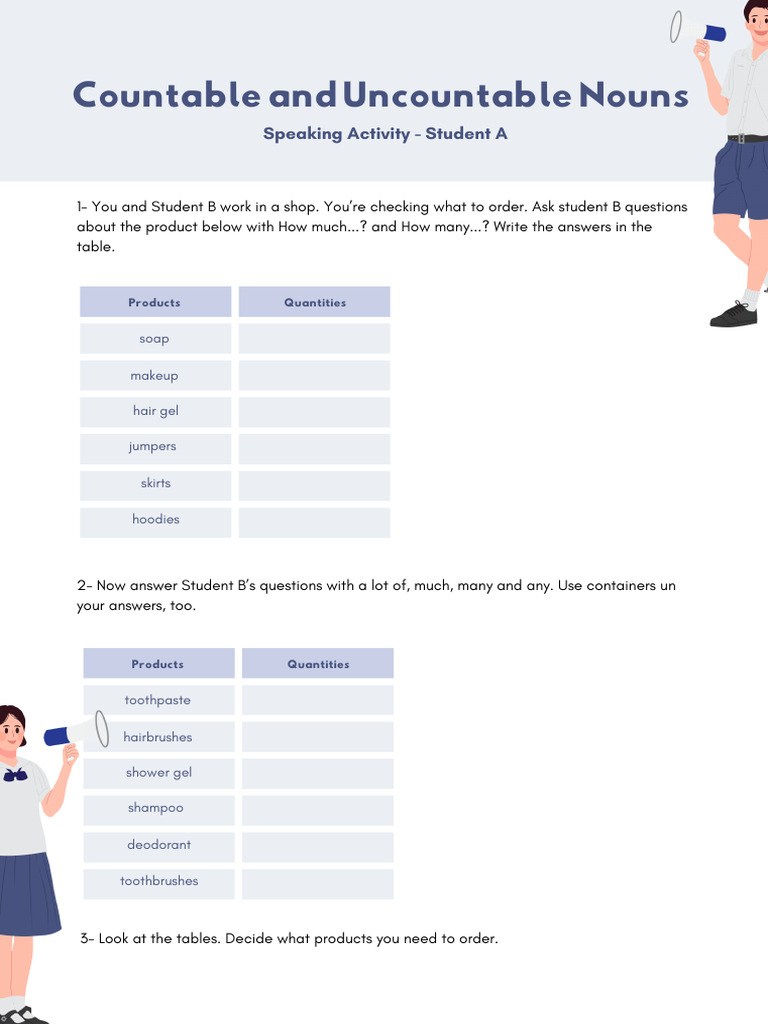 Countable and Uncountable Nouns Speaking Worksheet in Blue and White ...