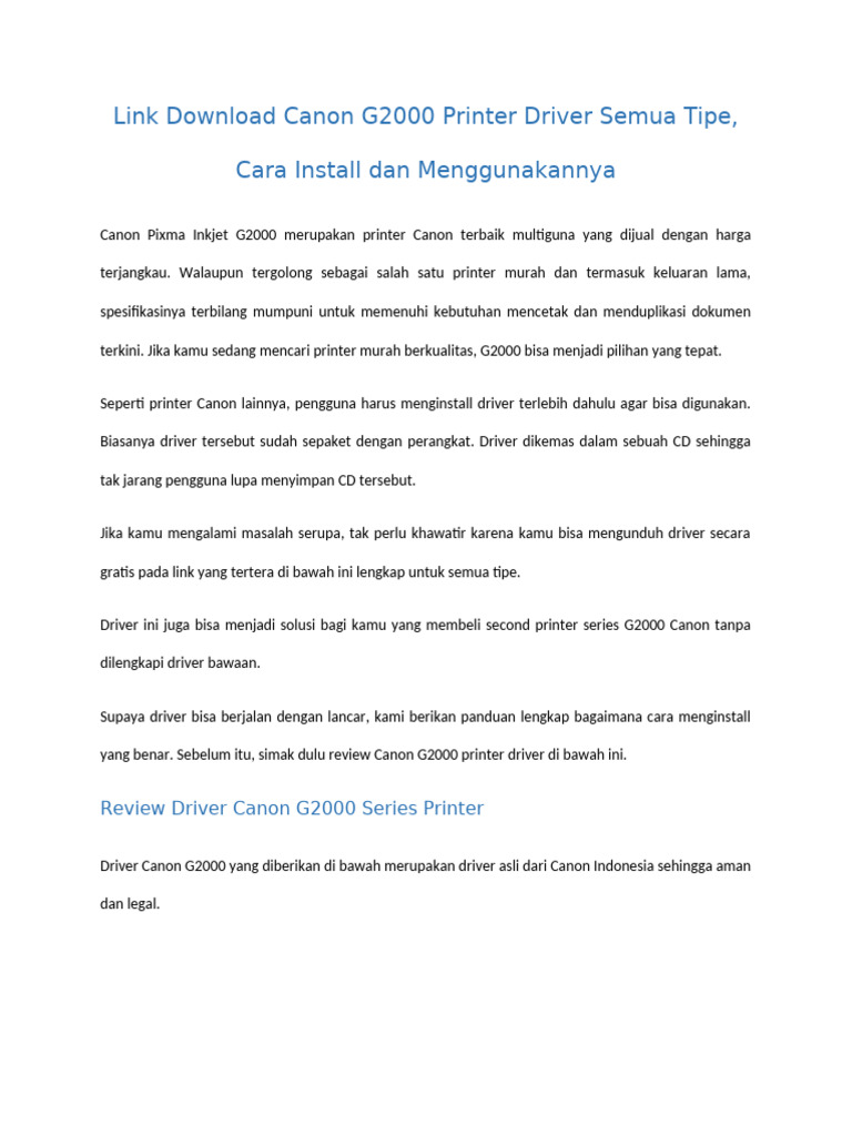 Unduh dan Instal Driver Canon G2000 | PDF